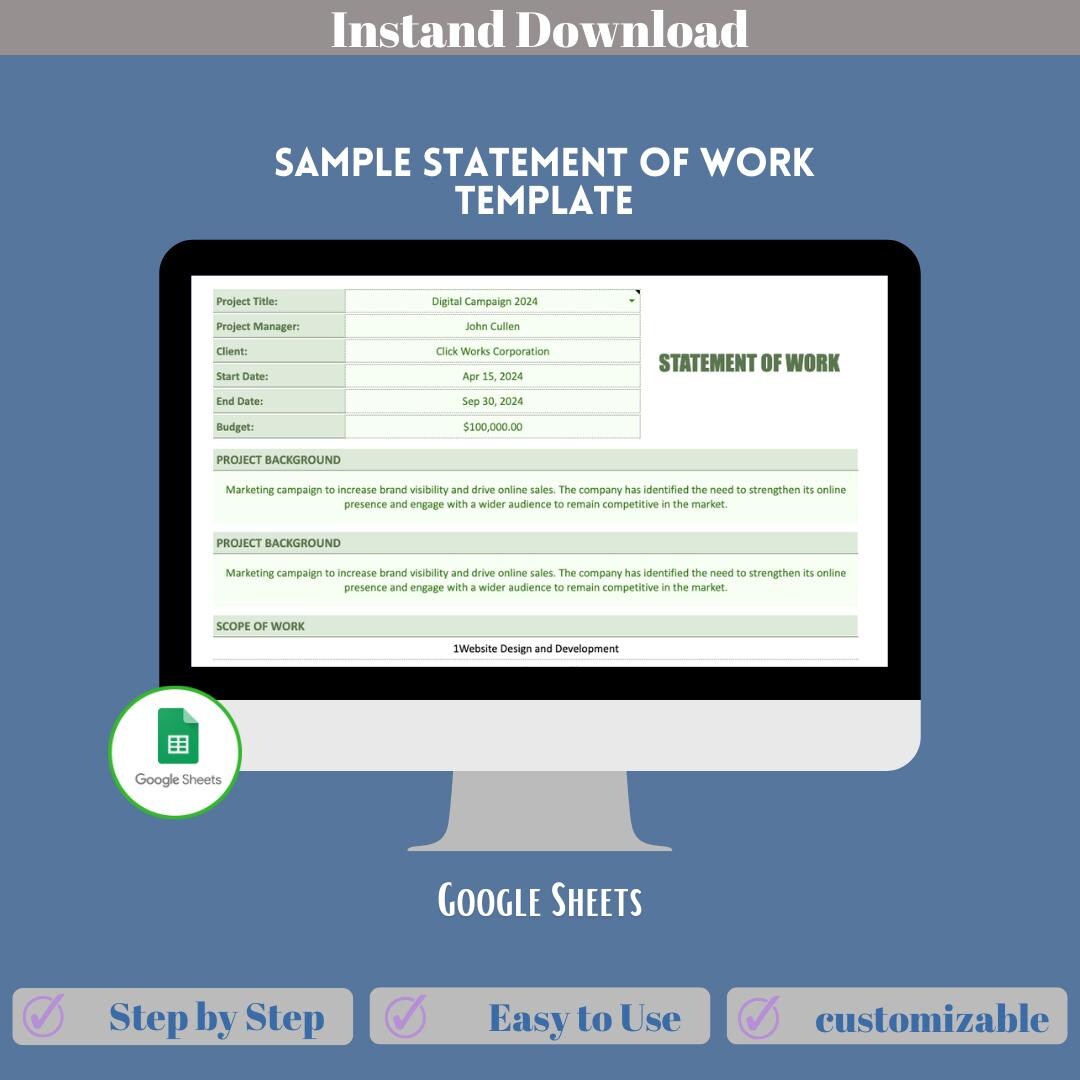 Sample Statement of Work Template, Digital Download, Editable Word Doc ...