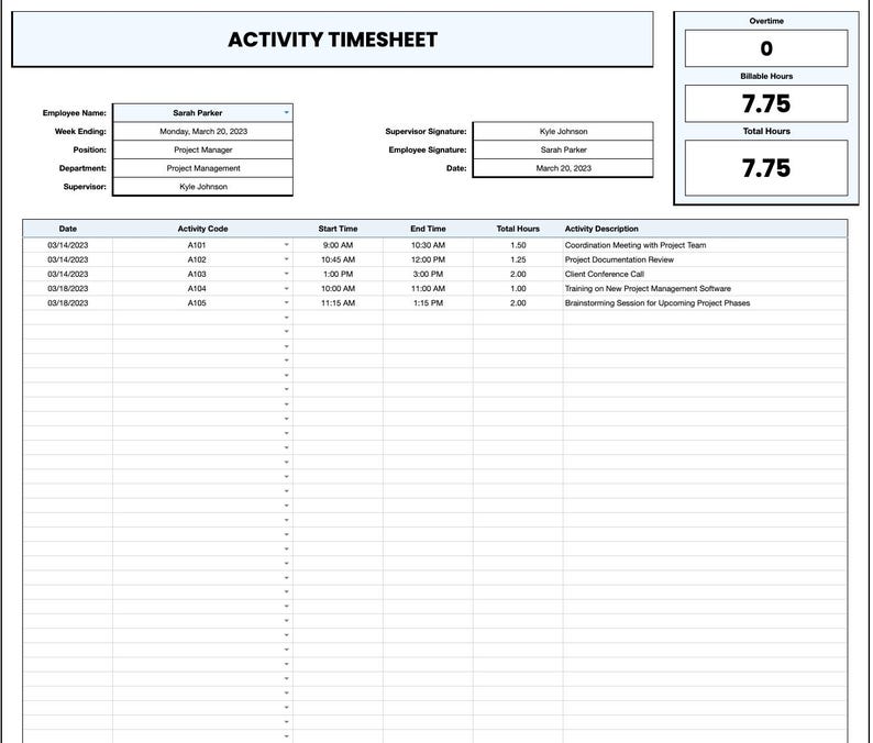Activity Timesheet Template Google Sheets, Editable Daily Task Log, Time Tracking Sheet, Work ...