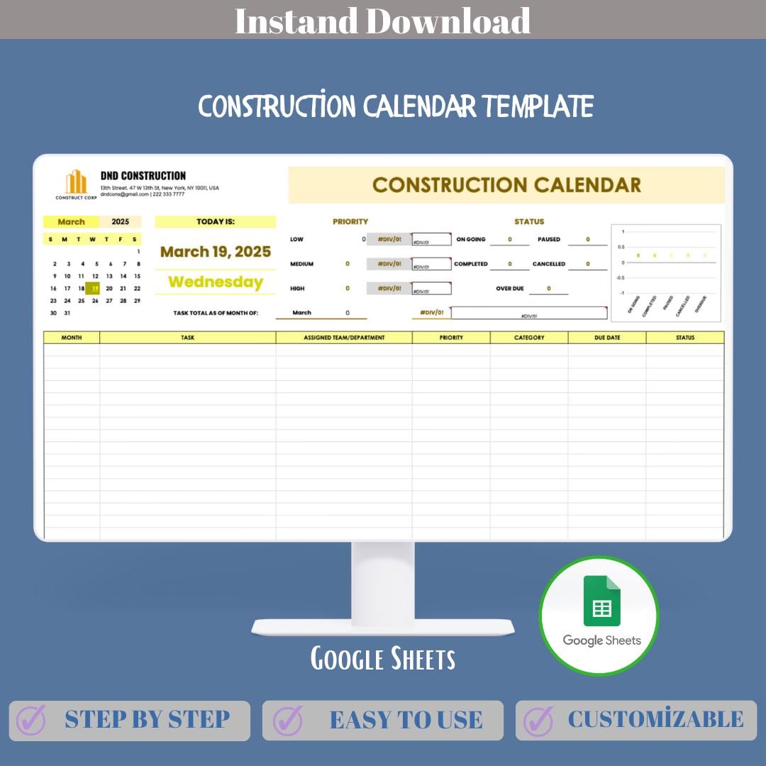 Construction Project Calendar Template for Google Sheets | Editable ...
