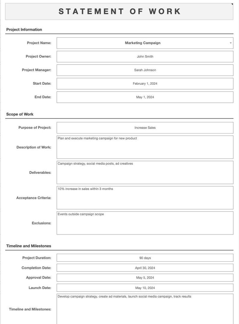Editable Statement of Work Template for Customizing Project Goals ...