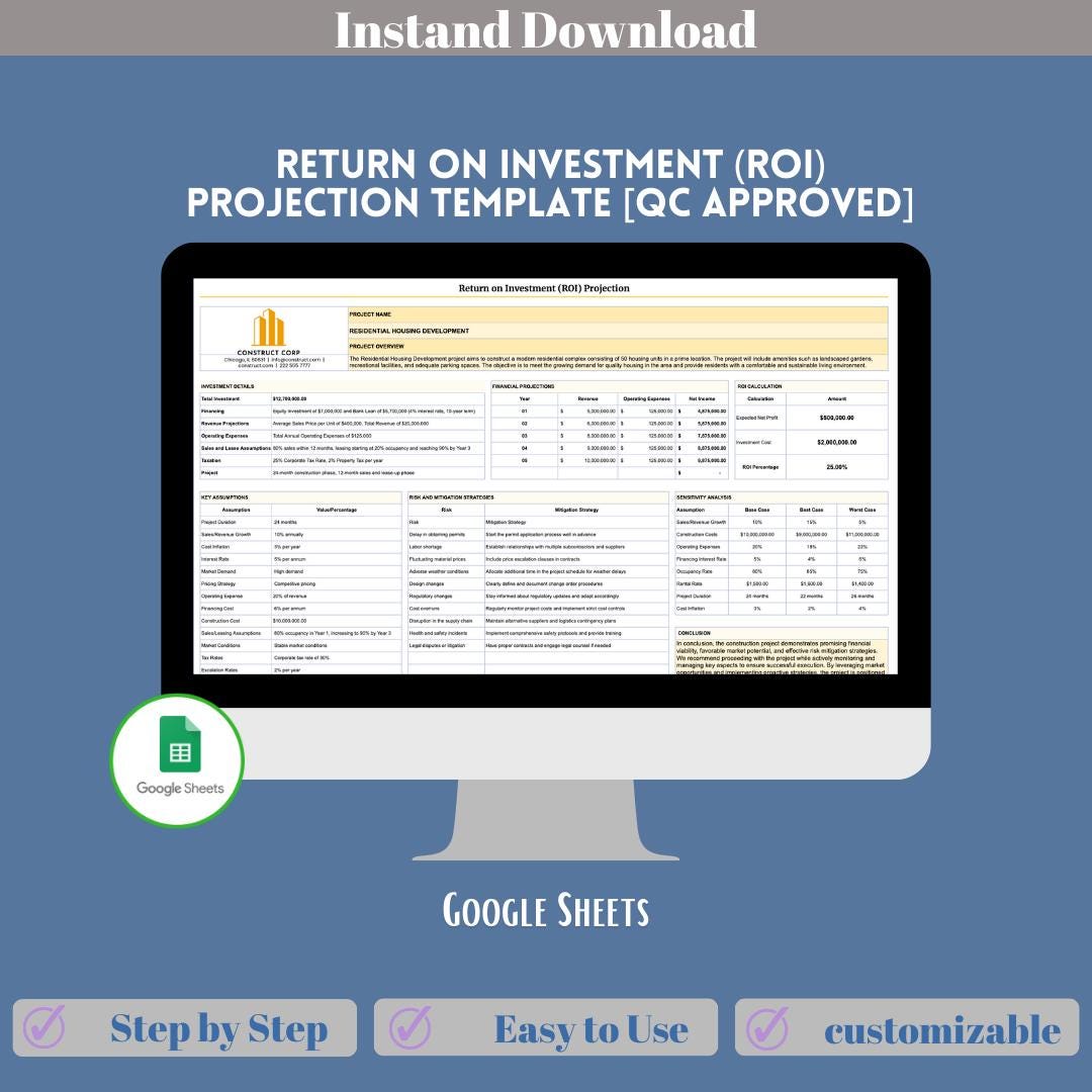 Return on Investment (ROI) Projection Template, Digital Download ...