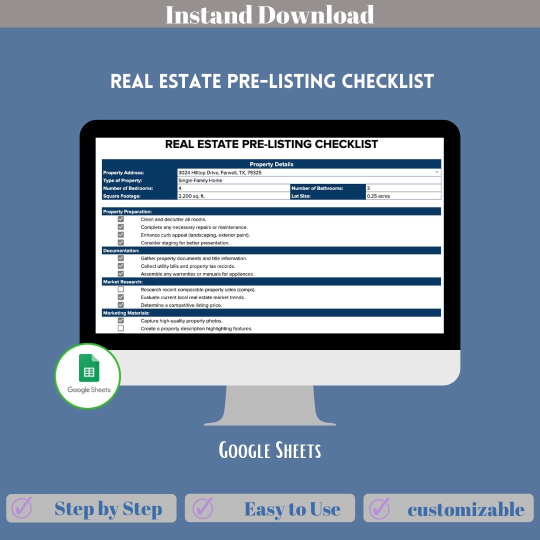 Real Estate Pre-listing Checklist Template, Digital Download, Editable Excel or Google Sheets ...