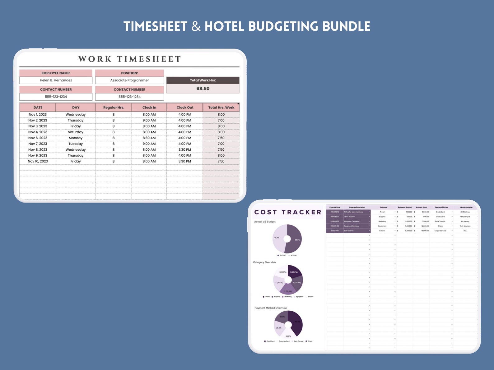 Timesheet and Hotel Budgeting Bundle for Staff Scheduling, Expense ...