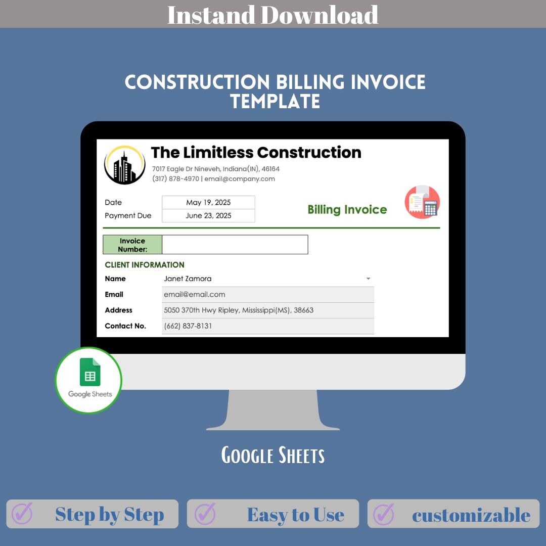 Construction Billing Invoice Template,digital Download,excel & Pdf ...