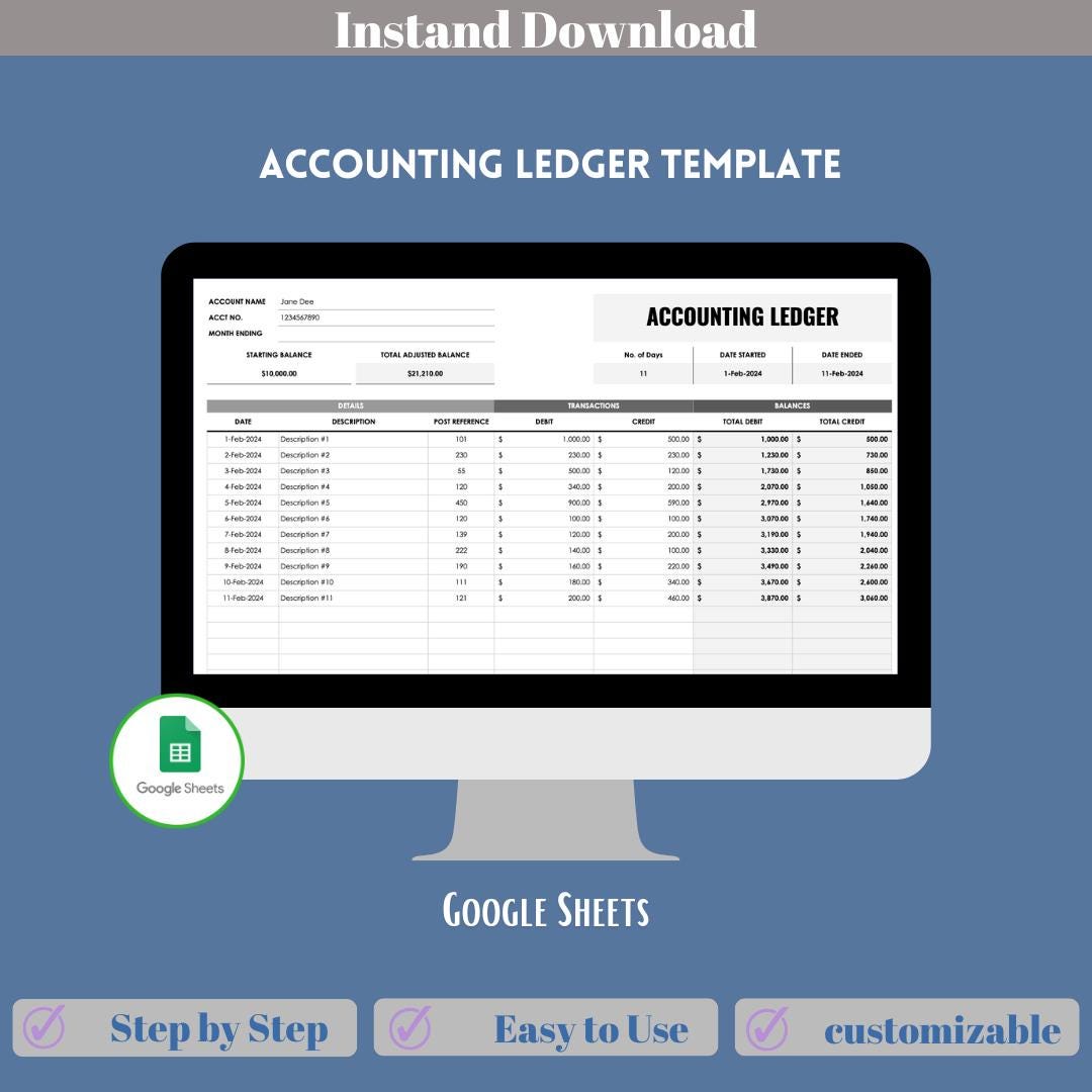 Accounting Ledger Template, Digital Download, Editable Excel or Google ...