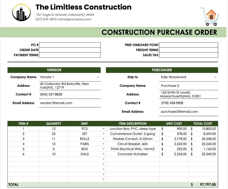 Construction Purchase Order Template Google Sheets, Editable Procurement Form, Contractor Supply ...
