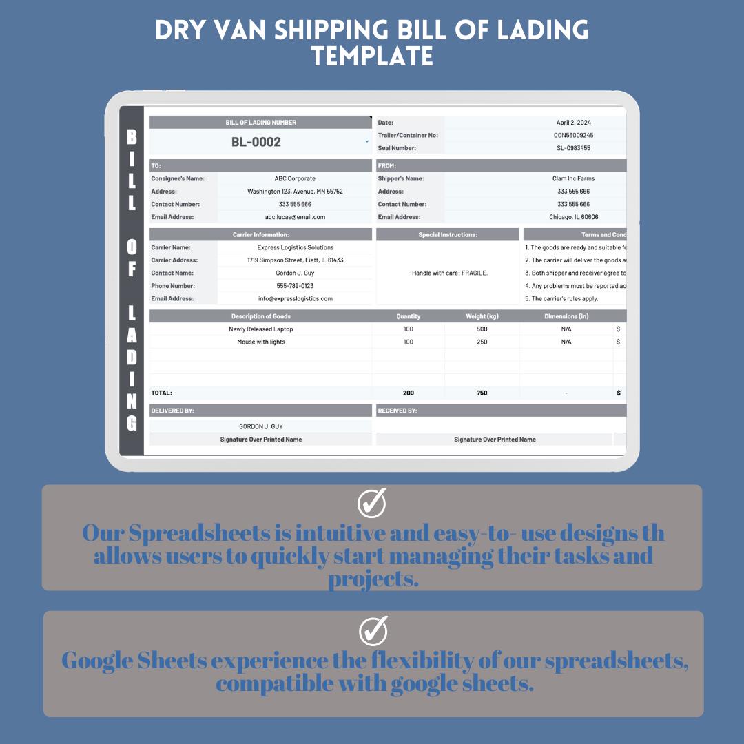 Dry Van Shipping Bill of Lading Template, Editable Excel/word, Digital ...