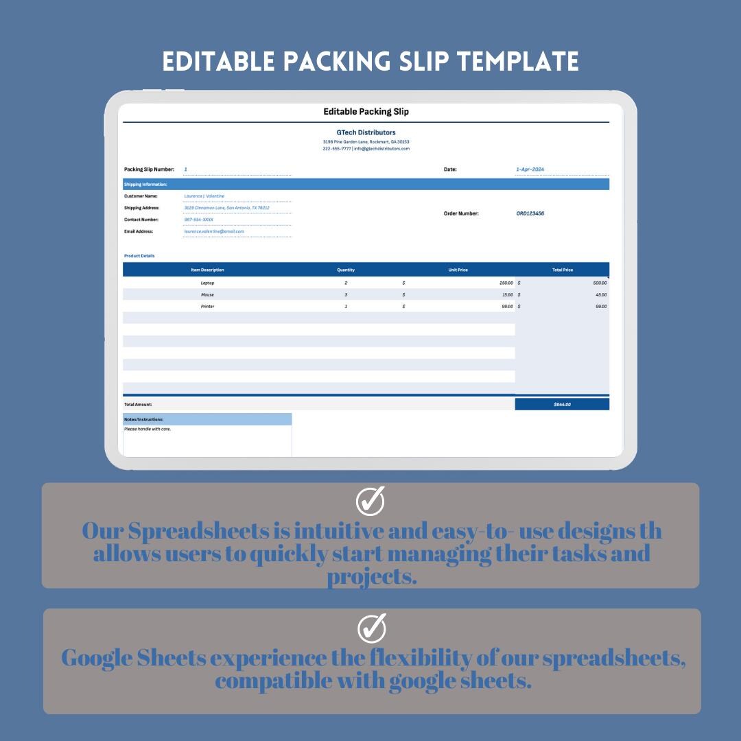 Editable Packing Slip Template,google Sheets,shipment Document,order ...