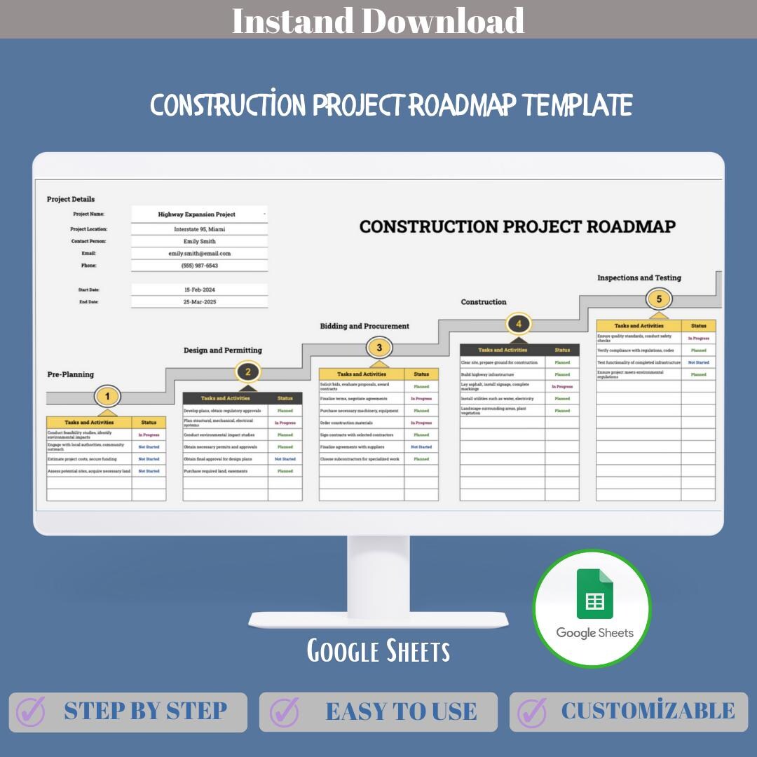 Construction Project Roadmap Google Sheets Template,editable Timeline Schedule, Phased Milestone ...