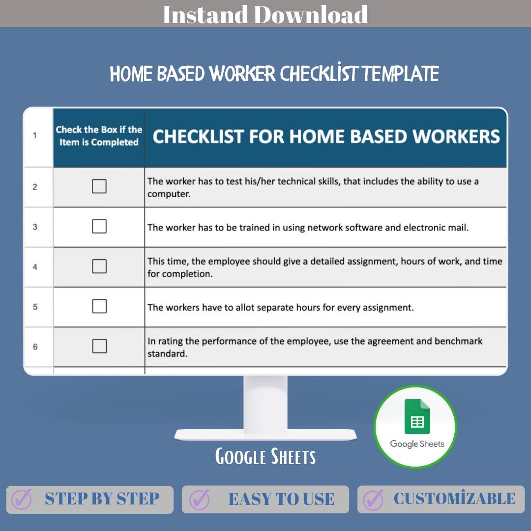 Home Based Worker Checklist Template, Google Sheets Format, Remote Work Task Organizer, Daily ...