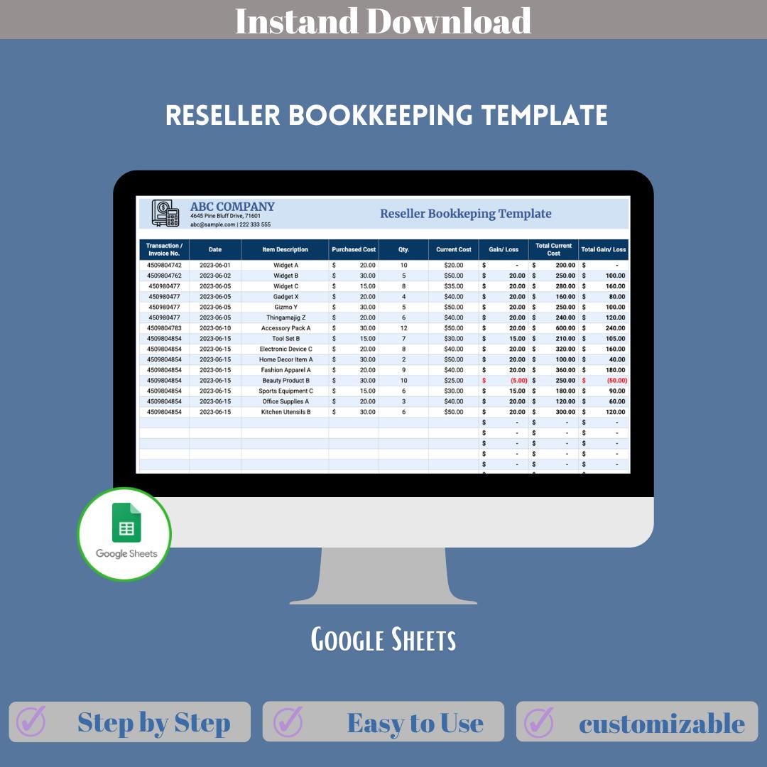 Reseller Bookkeeping Template Digital Download, Editable Easy-to-use ...