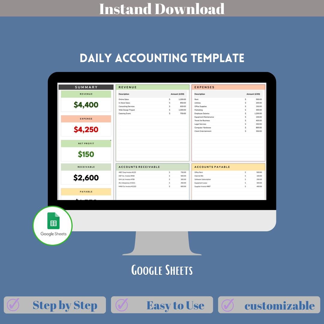 Daily Accounting Template, Digital Download, Editable Excel or Google ...