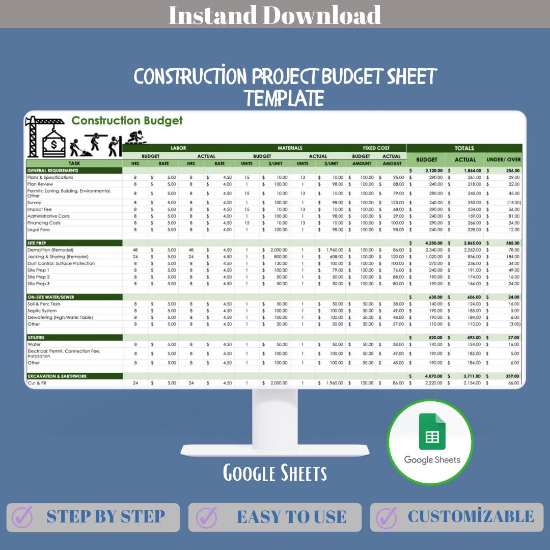 Construction Project Budget Sheet Template Google Sheets, Editable ...