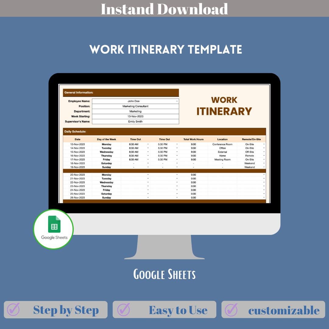 Work Itinerary Template, Business Trip Planner, Editable, Digital ...
