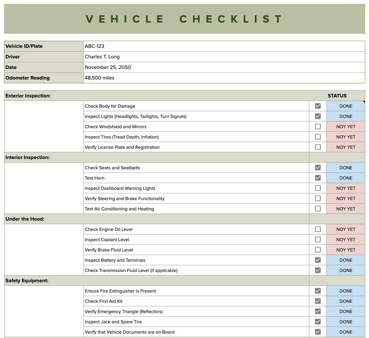 Vehicle Checklist Template in Google Sheets for Small Business, Track ...