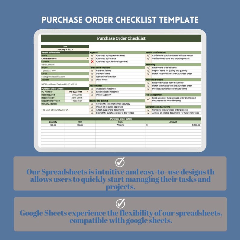 Purchase Order Checklist Template,digital Download, Editable Excel or ...