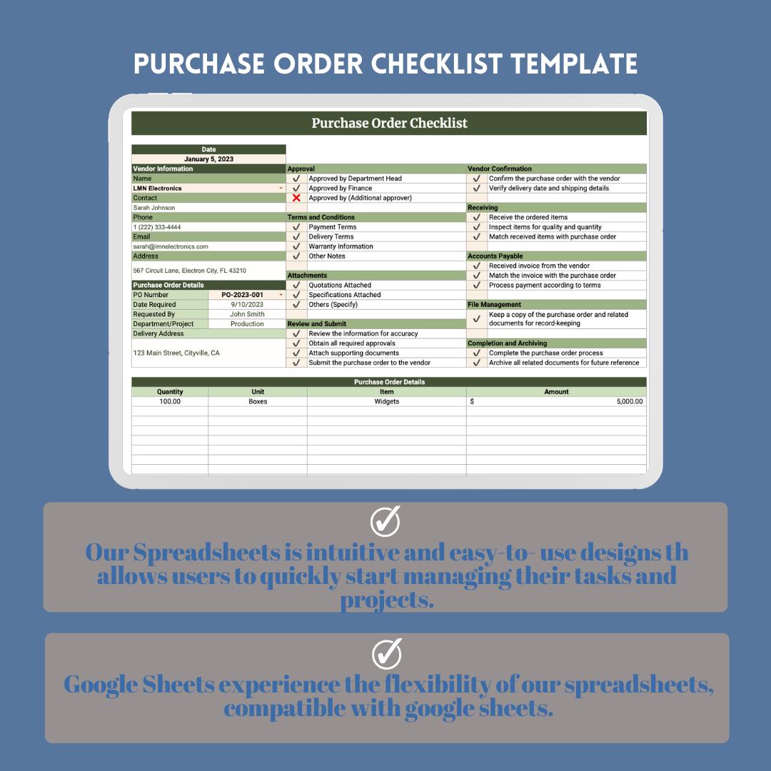 Purchase Order Checklist Template,digital Download, Editable Excel or Google Sheets, Track ...
