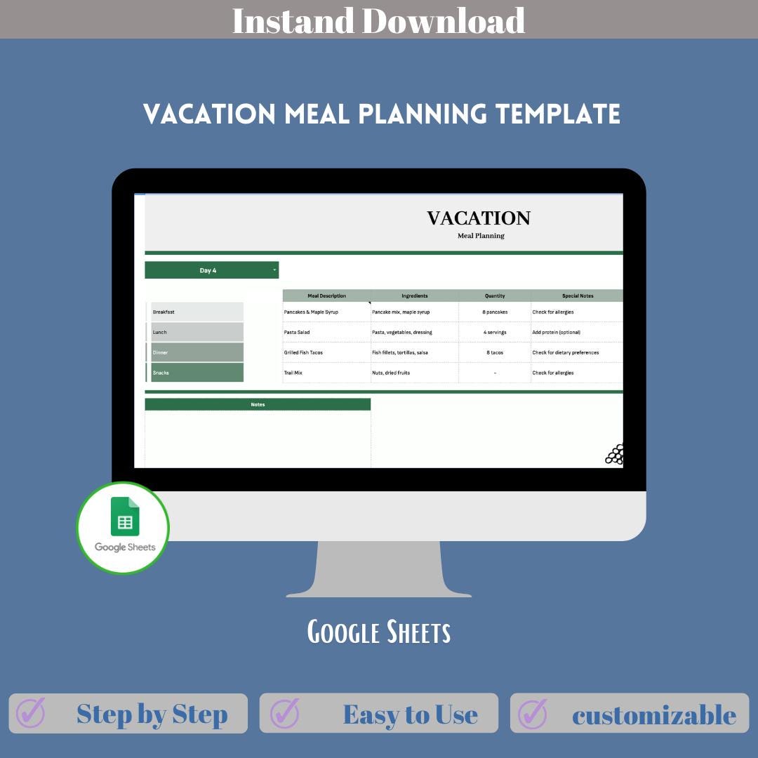 Vacation Meal Planning Template, Digital Download, Editable Excel or ...