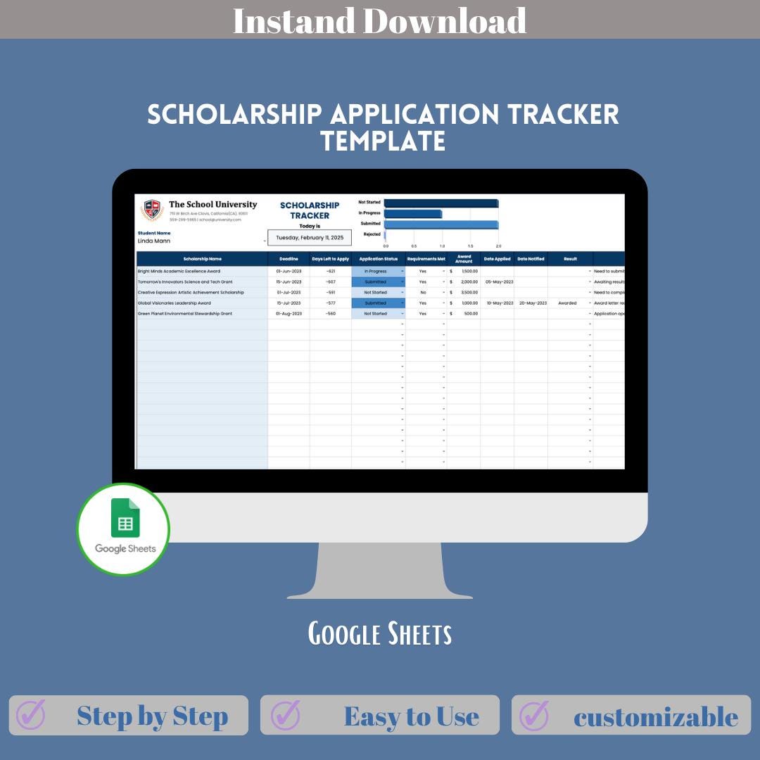 Scholarship Application Tracker Template, Editable Digital Download ...