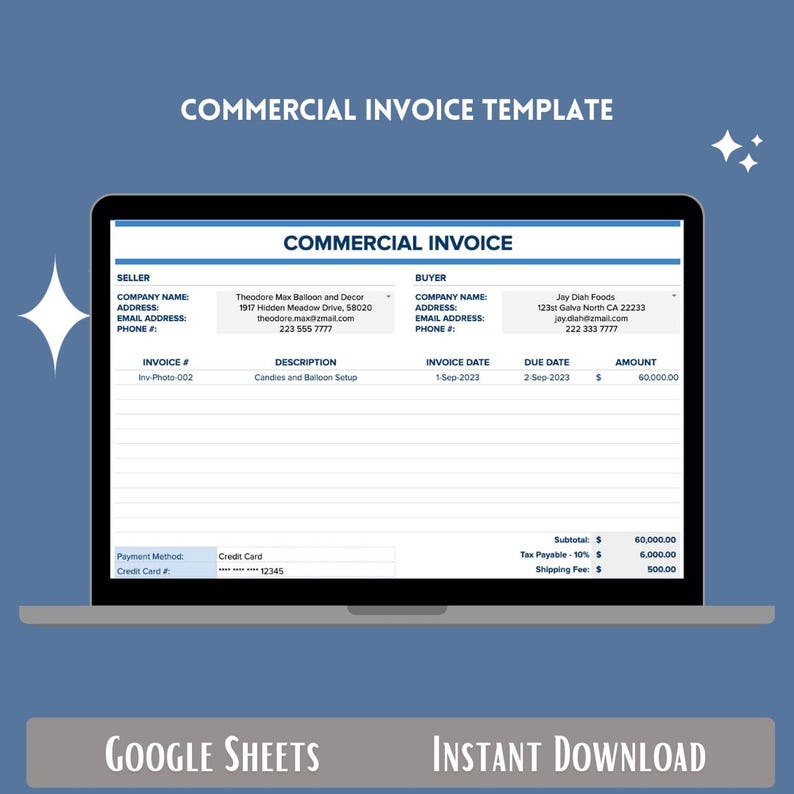 Commercial Invoice Template, Digital Download, Editable & Easy to Use, Google Sheets for Import ...
