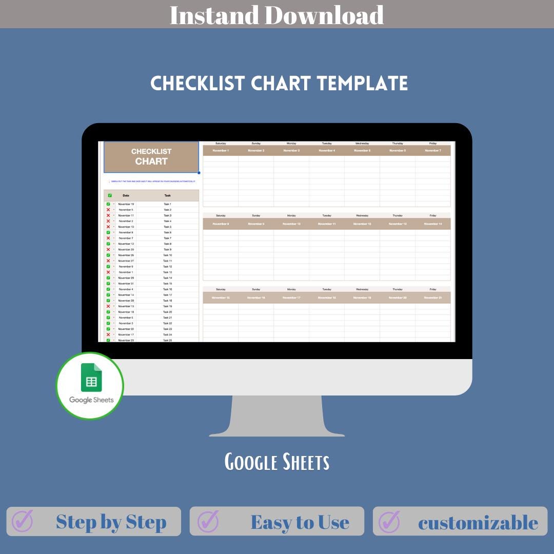 Checklist Chart Template, Digital Download, Editable Excel or Google ...