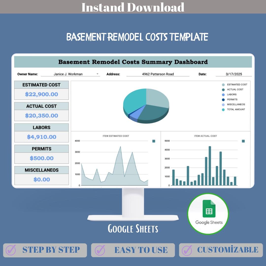 Basement Remodel Costs Template Google Sheets, Editable Renovation ...