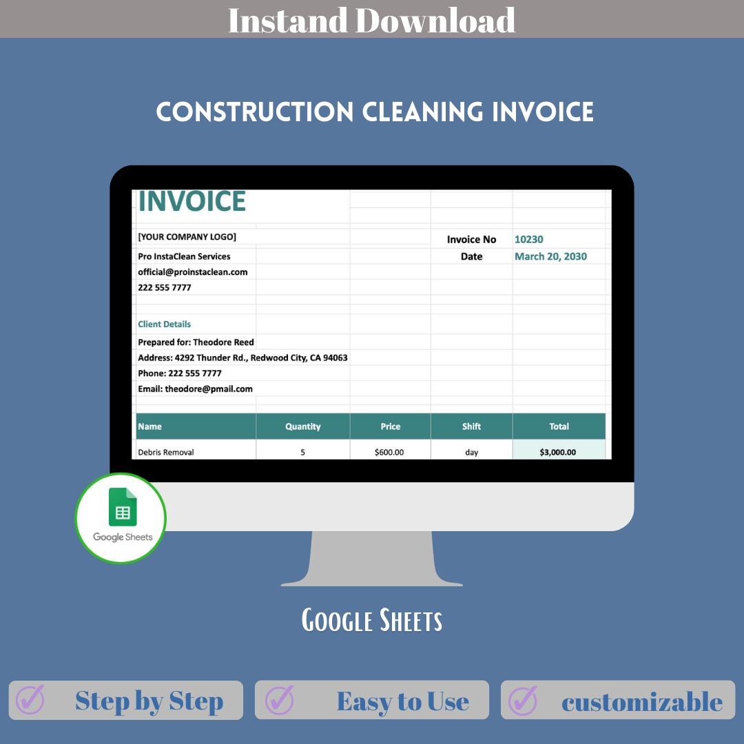 Construction Cleaning Invoice Template, Editable Easy-to-use Google ...