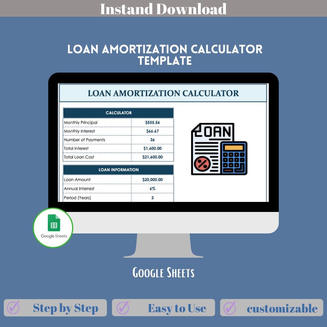 Loan Amortization Calculator Template, Editable, Mortgage Payment ...