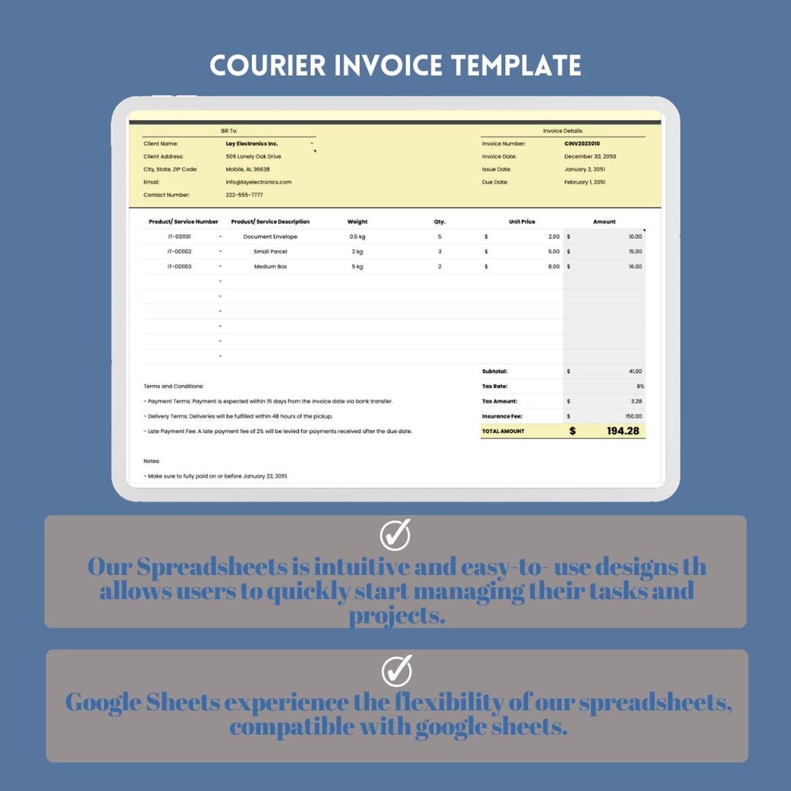 Courier Invoice Template, Editable Digital Download, Google Sheets ...