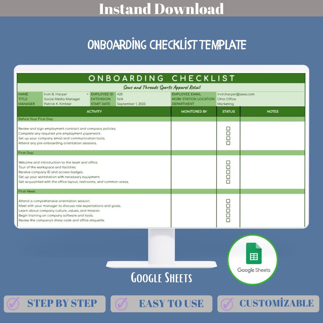 Onboarding Checklist Template for Small Business in Google Sheets, Easy ...