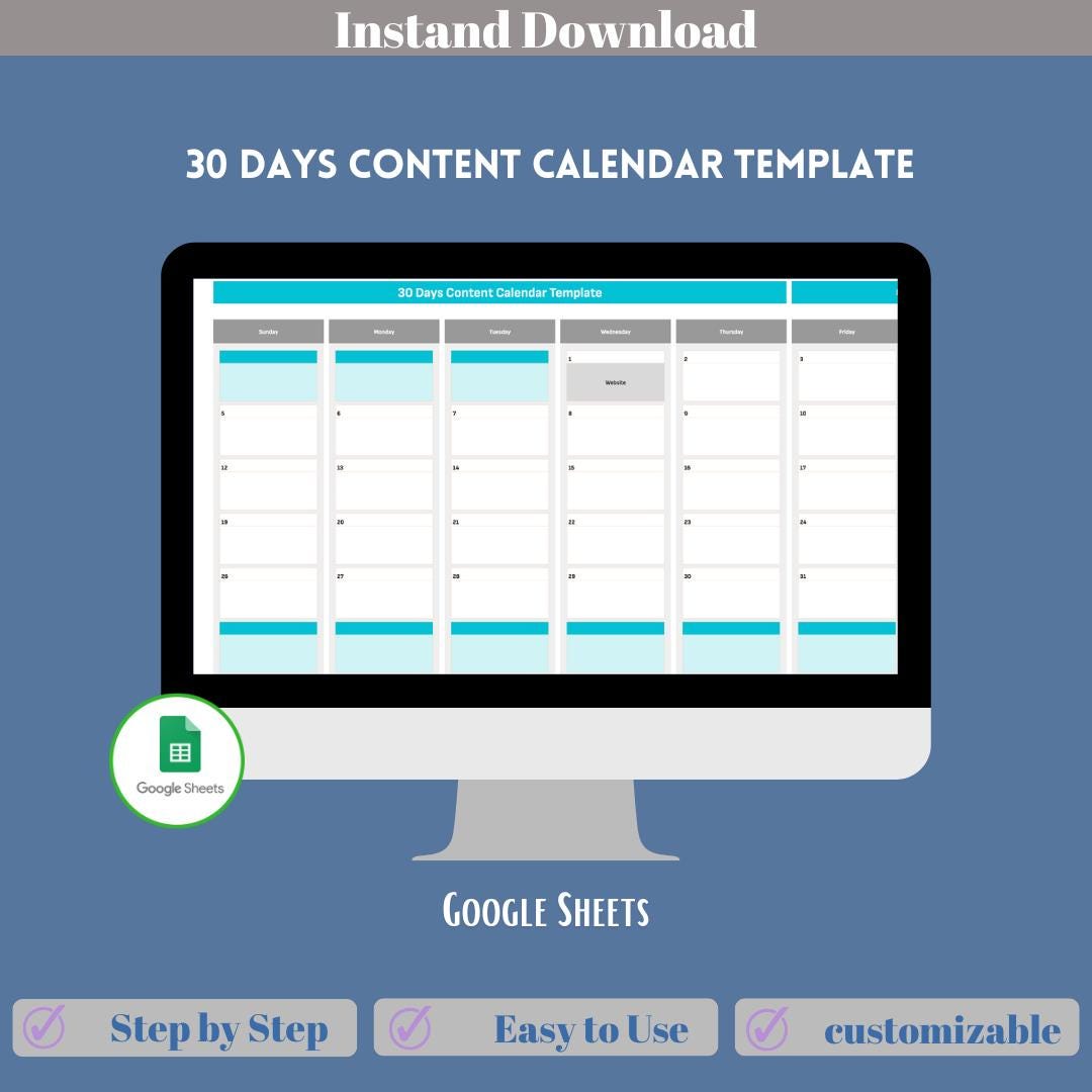 30 Days Content Calendar Template, Digital Download, Editable, Easy to ...