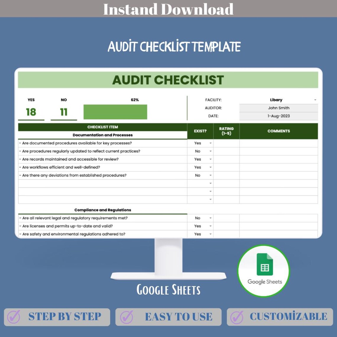 Audit Checklist Template, Digital Download, Editable Google Sheets ...