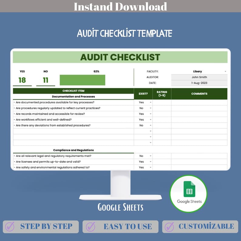 Audit Checklist Template, Digital Download, Editable Google Sheets ...