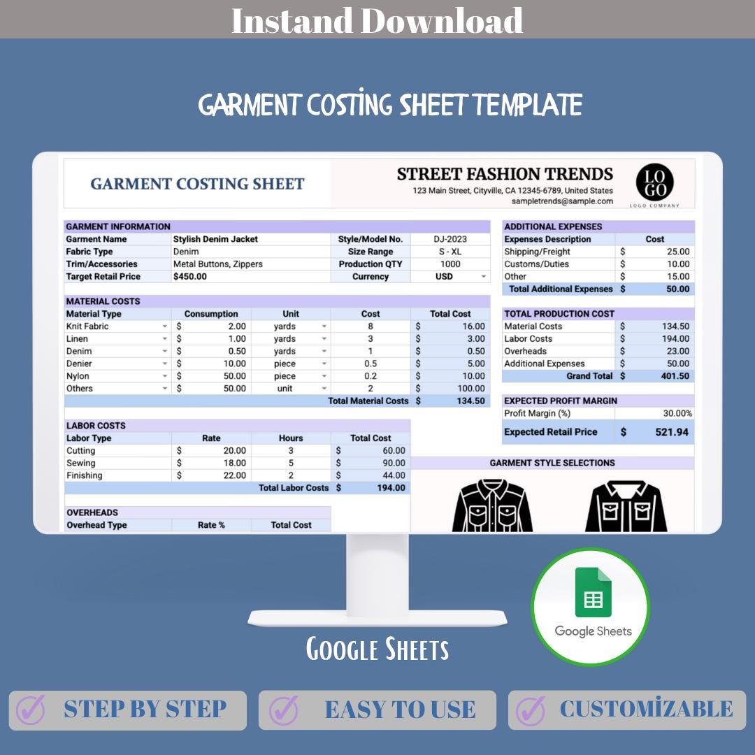 Garment Costing Sheet Template, Editable Fashion Budget, Clothing Price ...
