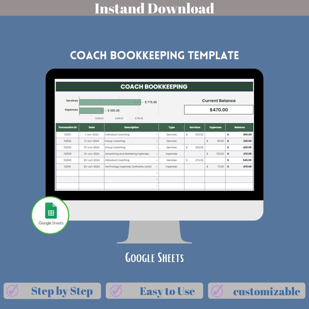 Coach Bookkeeping Template, Google Sheets, Income and Expense Tracker ...