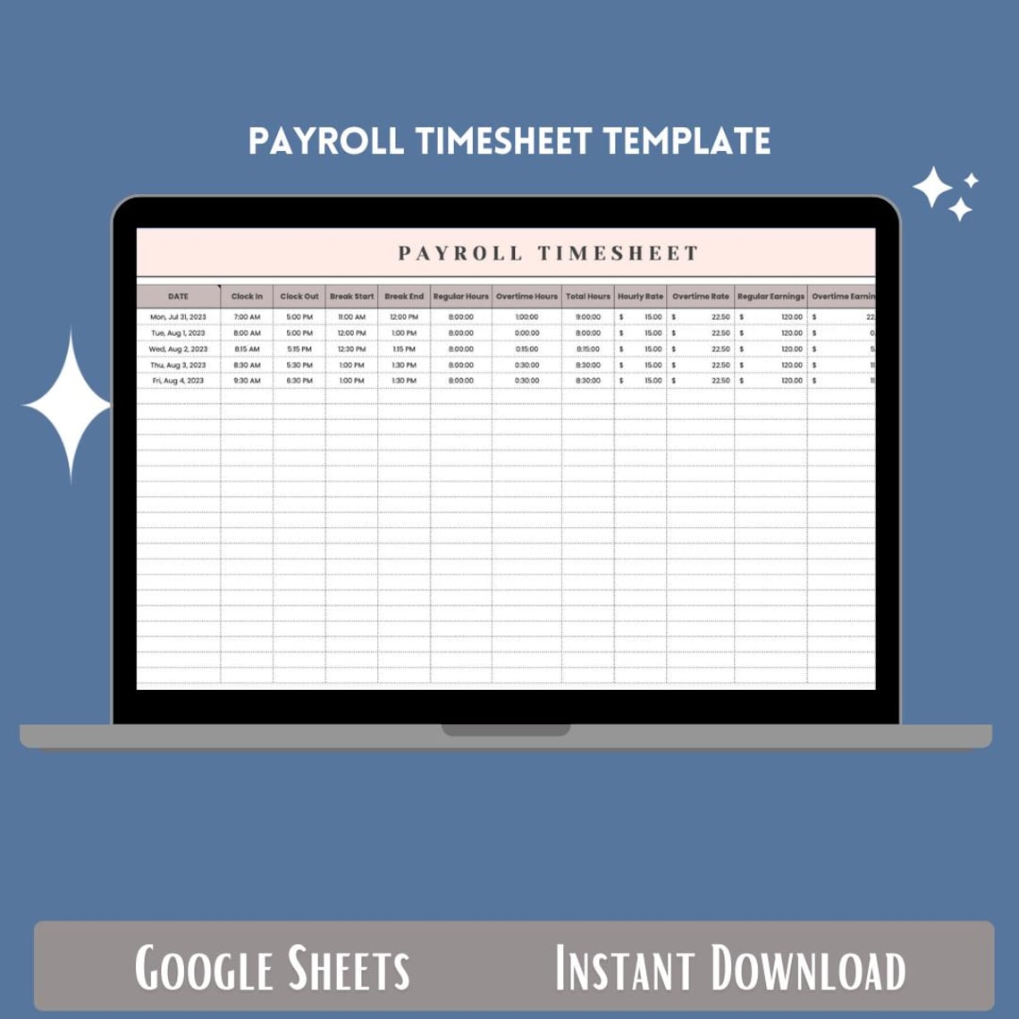 Payroll Timesheet Template, Digital Download, Editable Google Sheets ...