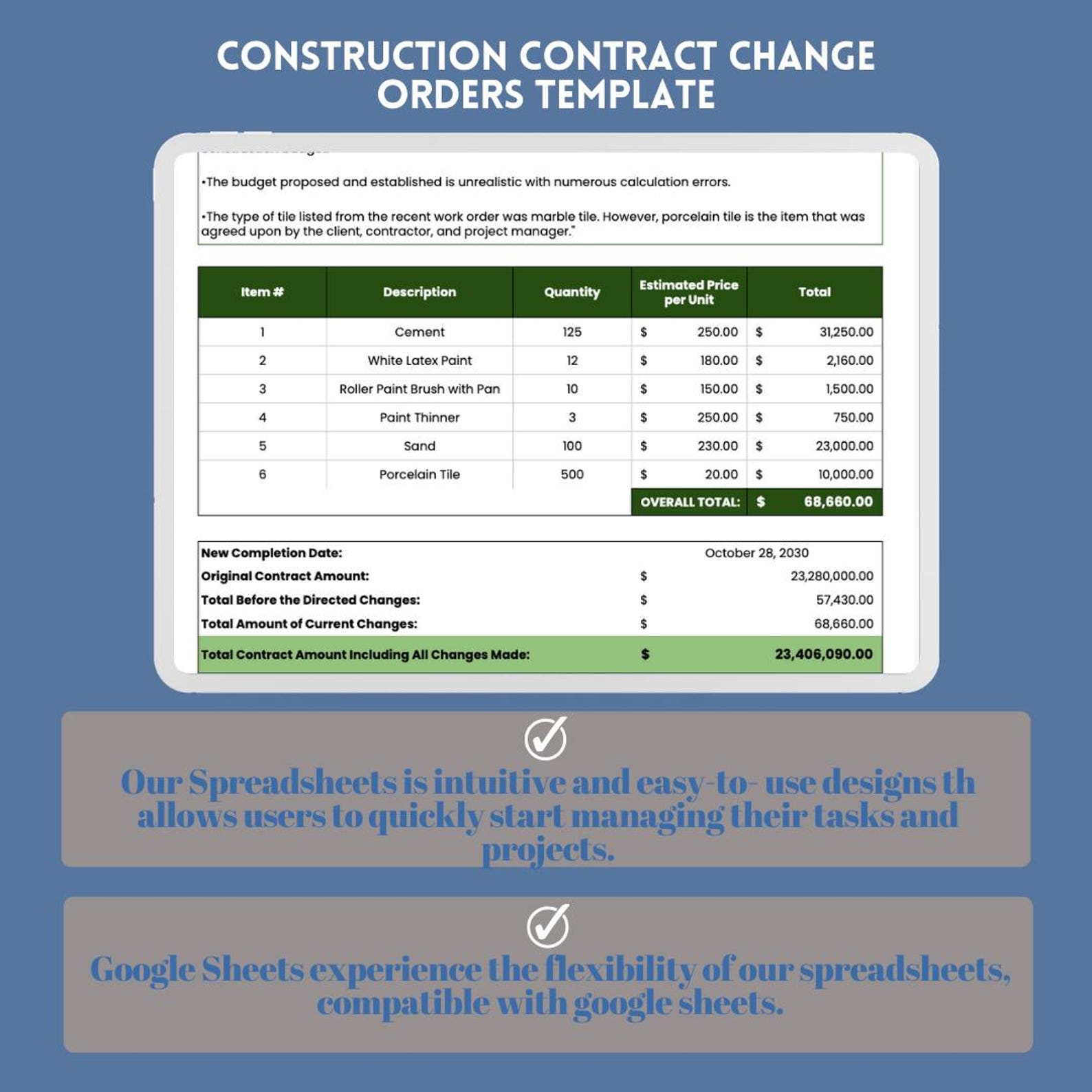 Construction Contract Change Orders Template, Editable, Excel ...