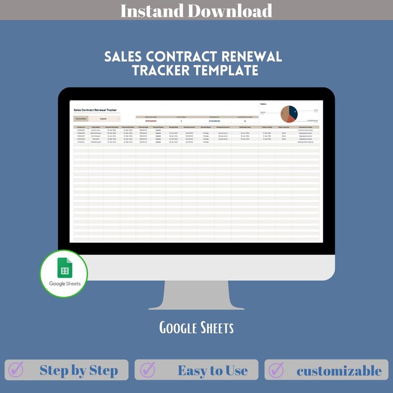 Sales Contract Renewal Tracker Template, Digital Download, Editable Excel or Google Sheets, Easy ...