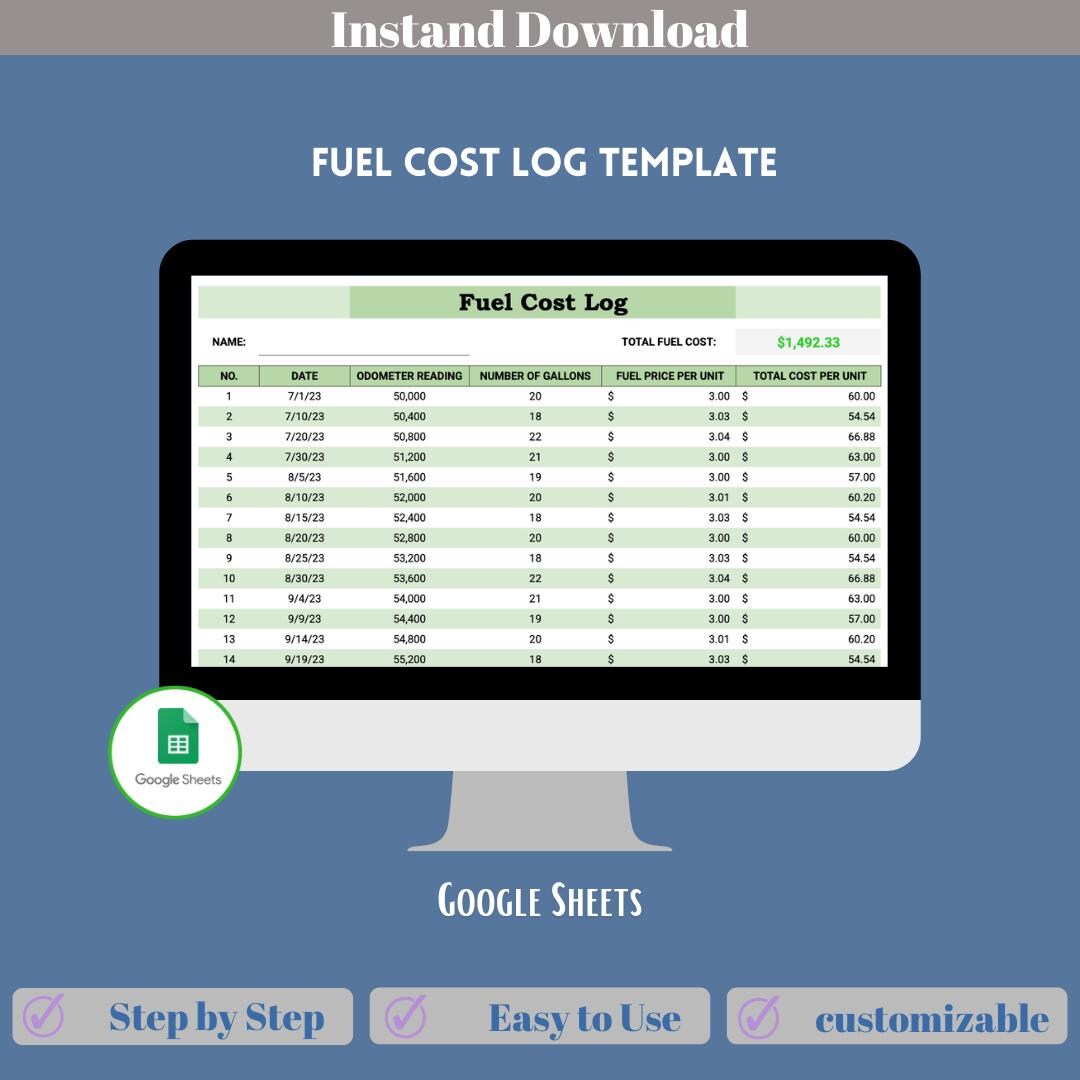 Fuel Cost Log Template, Vehicle Expense Tracker, Mileage Management ...