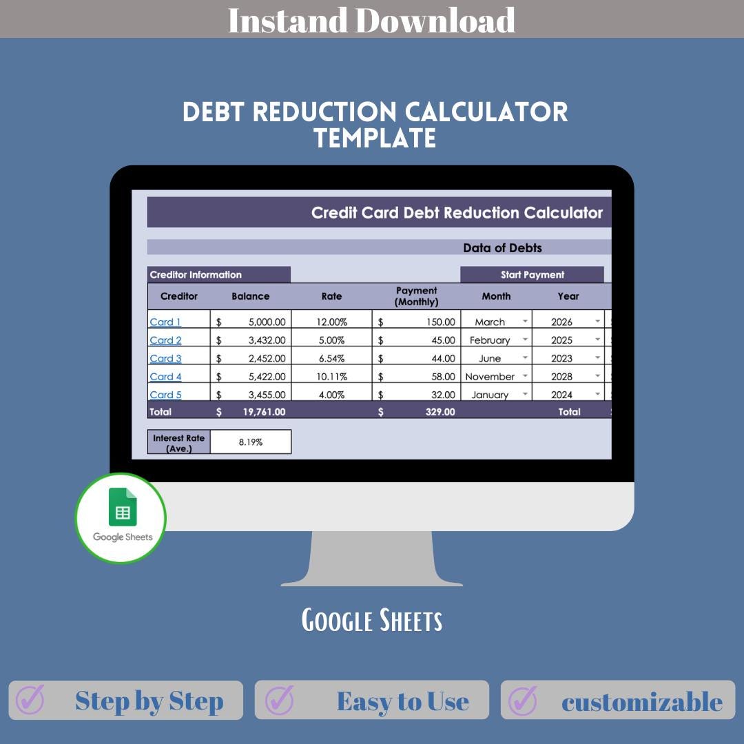 Debt Reduction Calculator Template,editable,payoff Planner, Interest ...