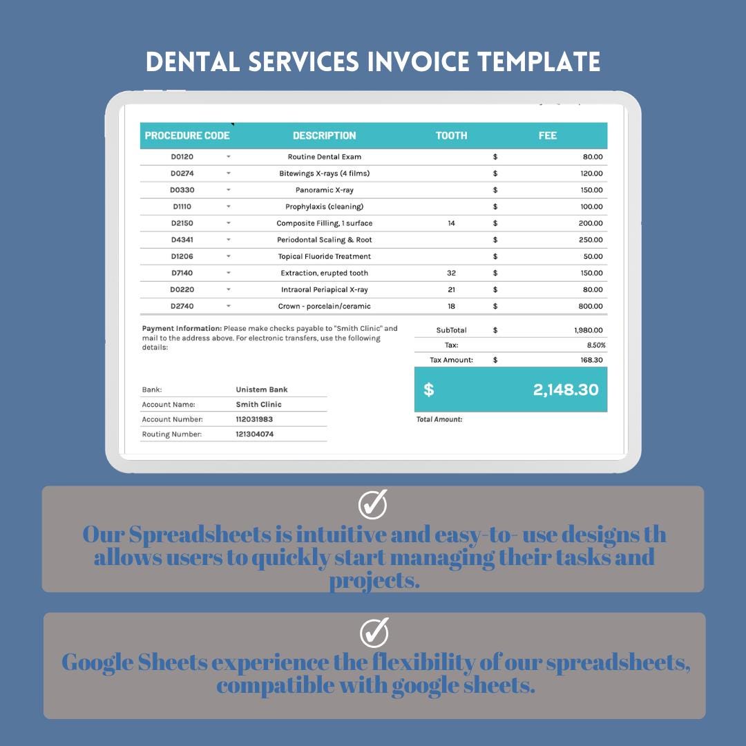 Dental Services Invoice Template Google Sheets, Editable Patient ...