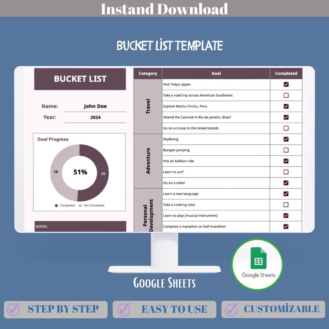 Bucket List Template,google Sheets,goal Planner, Travel and Adventure ...
