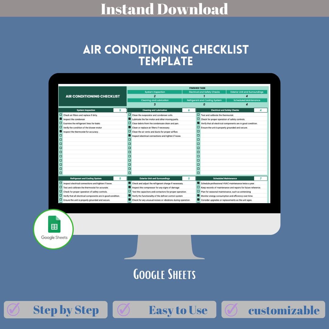 Air Conditioning Checklist Template, Digital Download, Editable Google Sheets, Maintenance ...