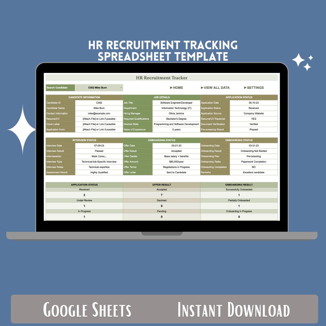 HR Recruitment Tracking Spreadsheet Template, Digital Download ...