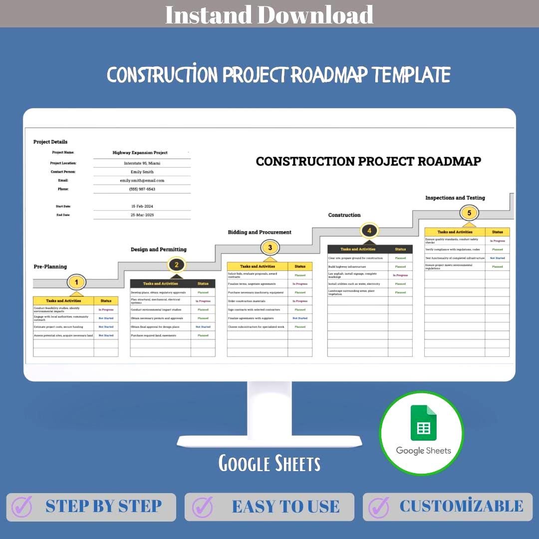 Construction Project Roadmap Google Sheets Project Timeline Planner ...