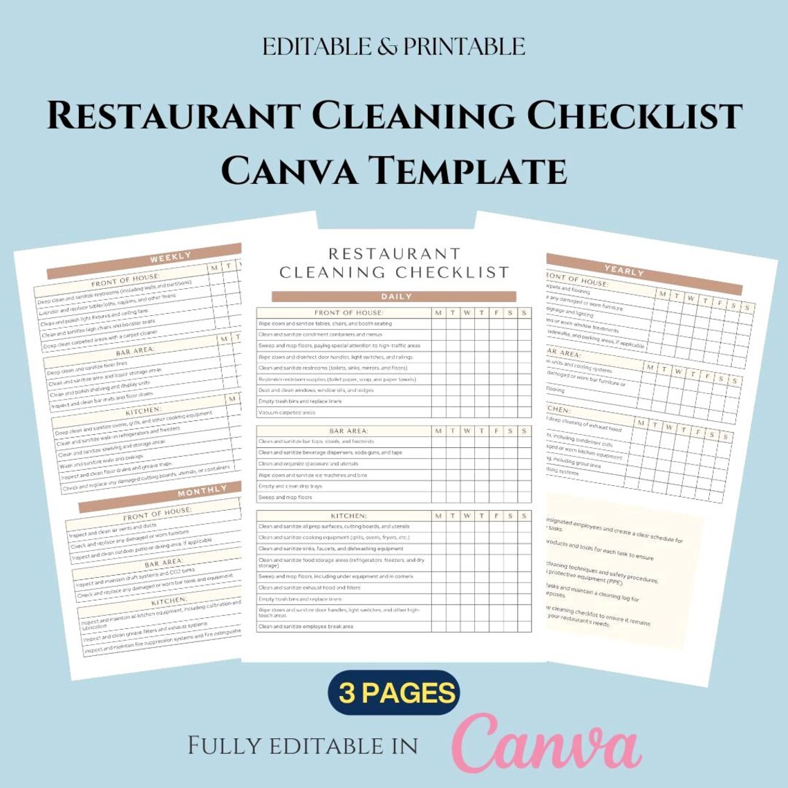 Restaurant Cleaning Checklist Canva Template, Editable Kitchen Cleaning ...