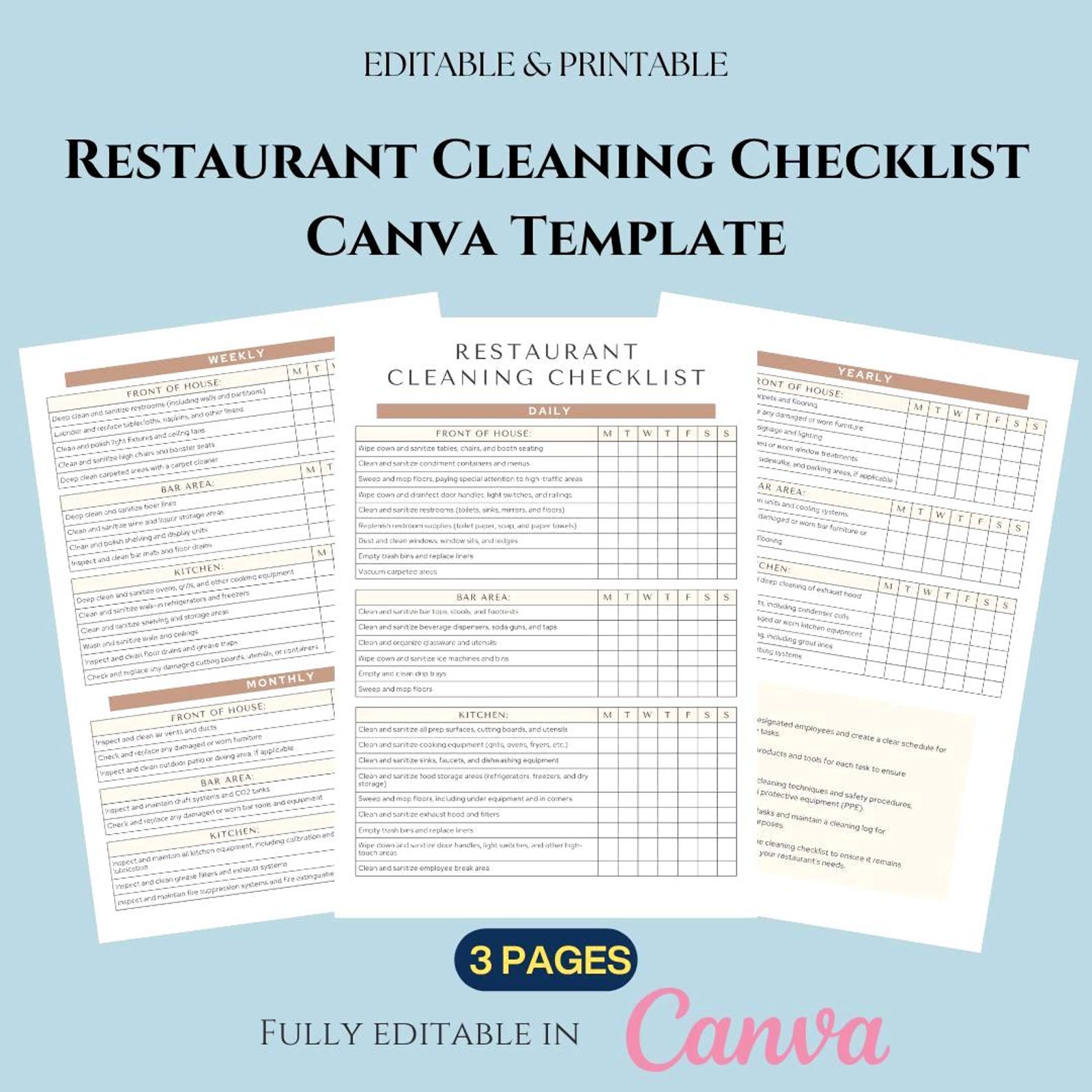 Restaurant Cleaning Checklist Canva Template, Editable Kitchen Cleaning ...