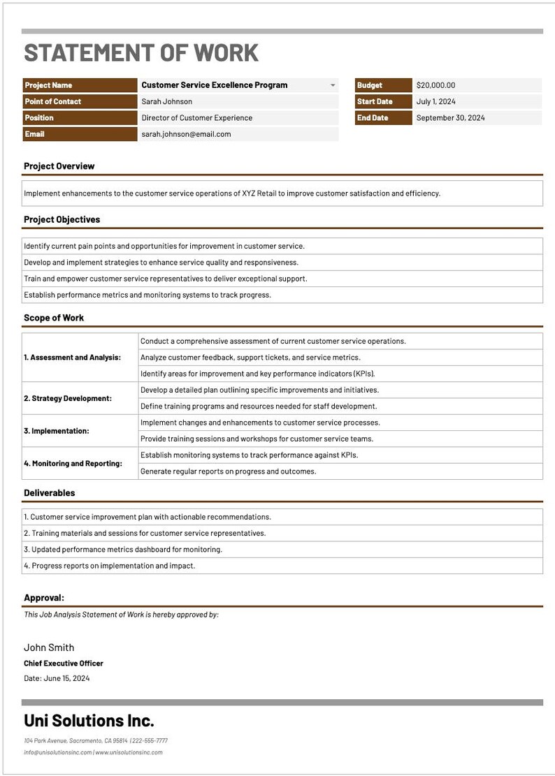 Customer Service Statement of Work for Small Business, Google Sheets ...