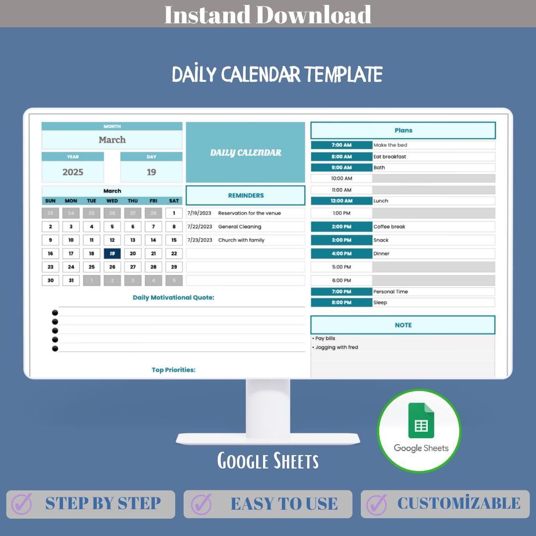 Daily Calendar Template Google Sheets, Editable Daily Planner, Task ...
