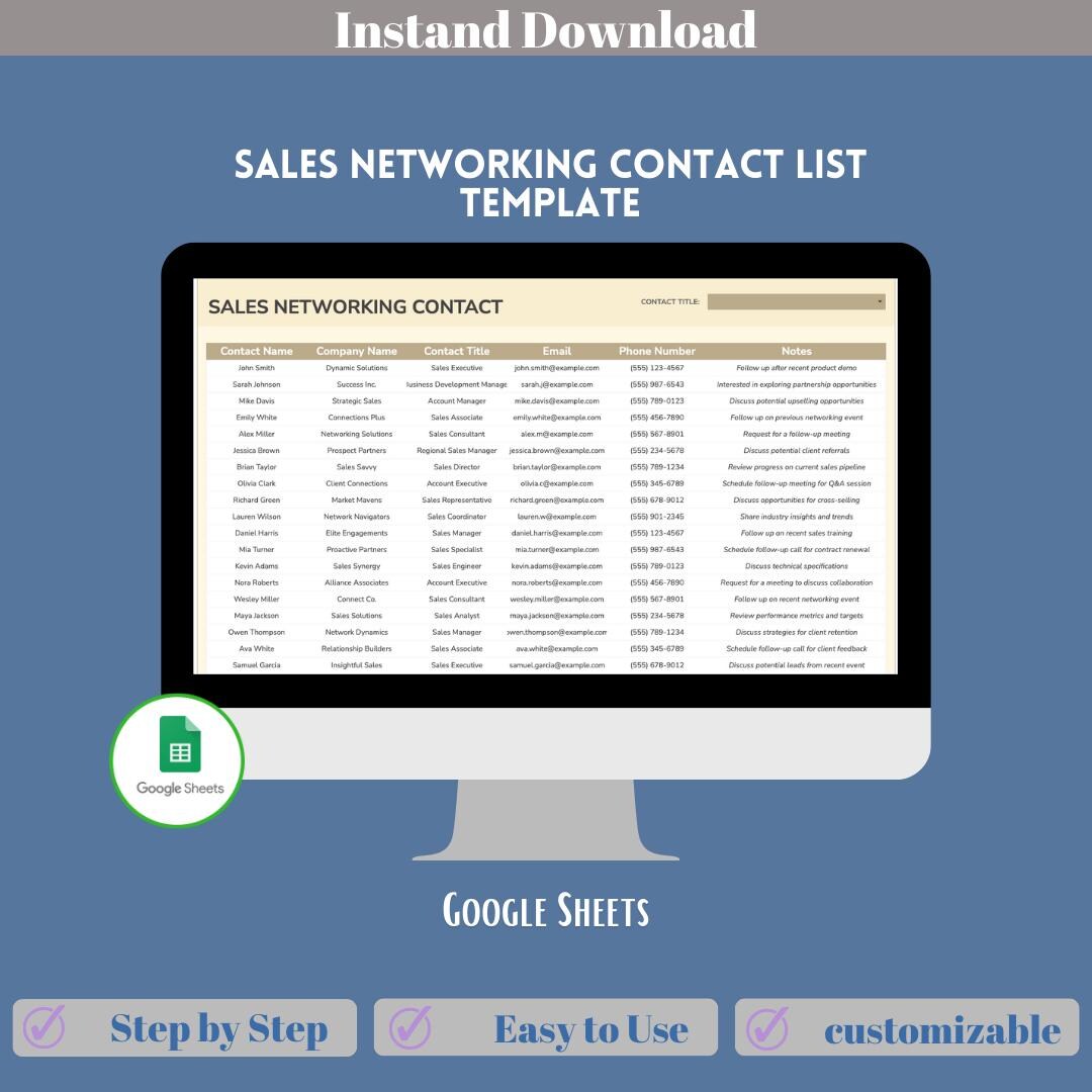 Sales Networking Contact List Template, Digital Download, Editable ...